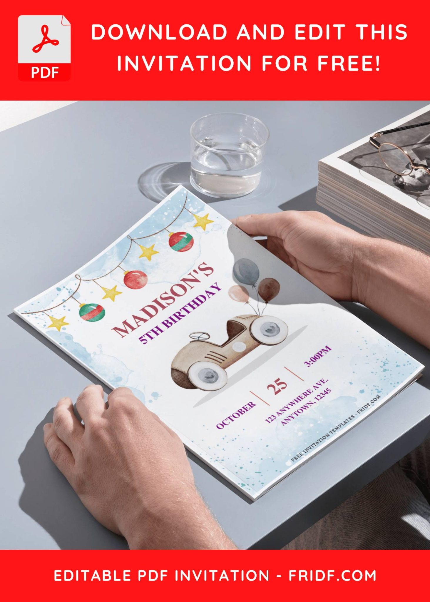 (Free Editable PDF) Watercolor Car And Balloon Birthday Invitation ...