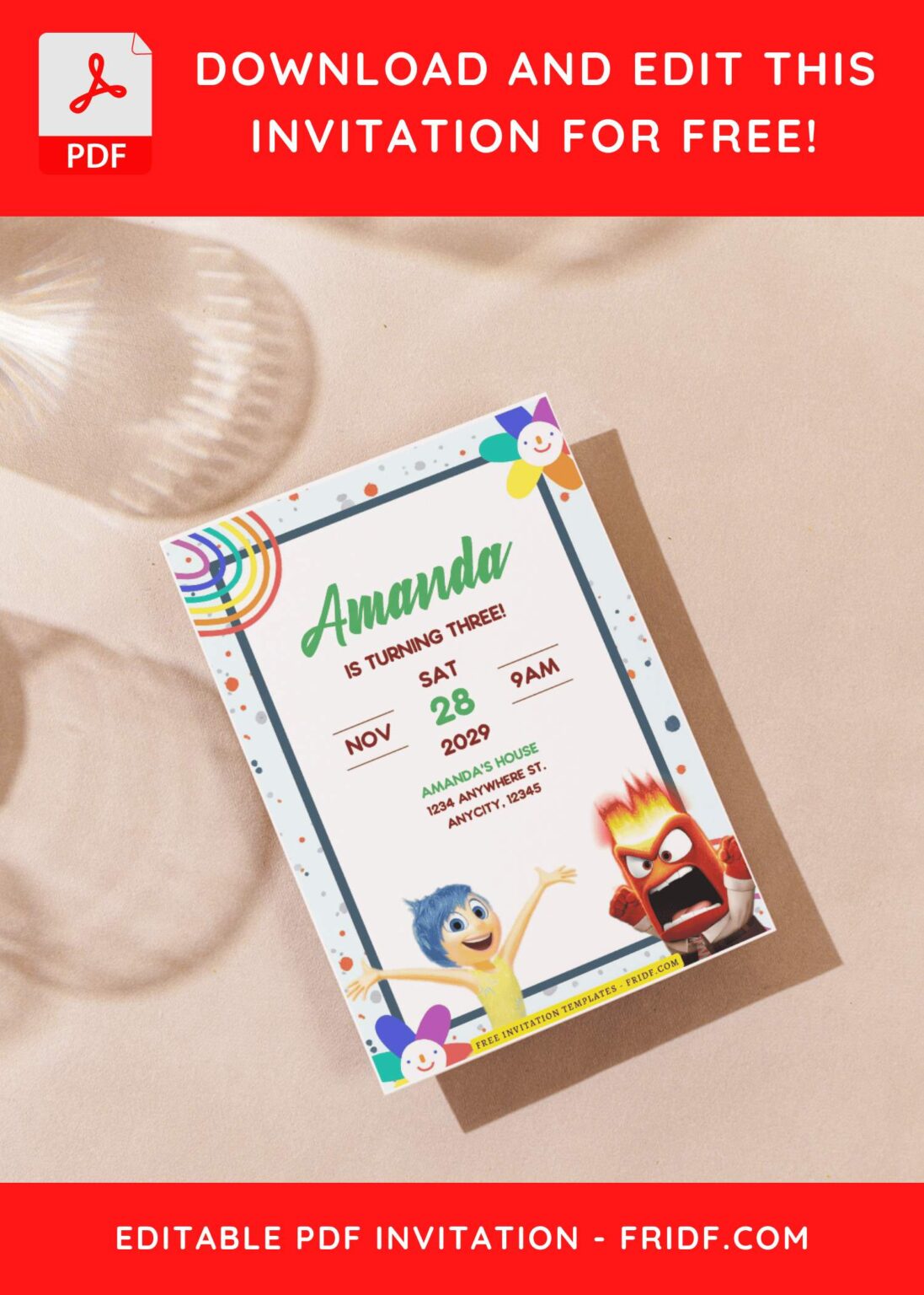 (Free Editable PDF) Colorful Inside Out Kids Birthday Invitation Templates