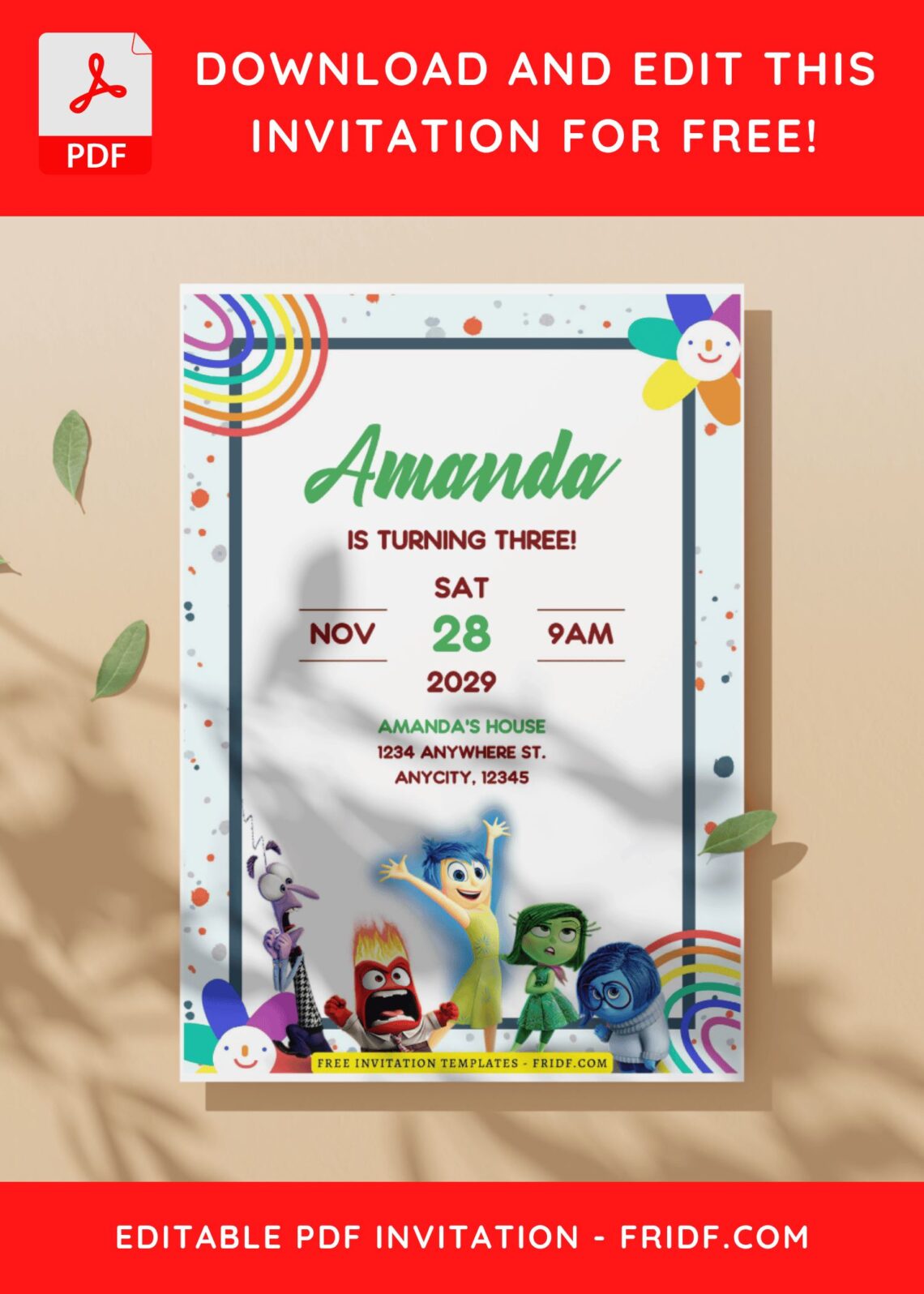 (Free Editable PDF) Colorful Inside Out Kids Birthday Invitation Templates