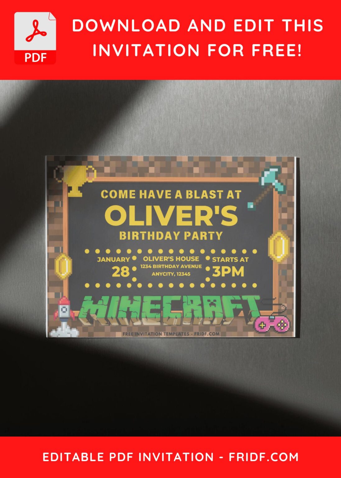 (Free PDF Invitation) Minecraft Sleepover Gamer Birthday Invitation