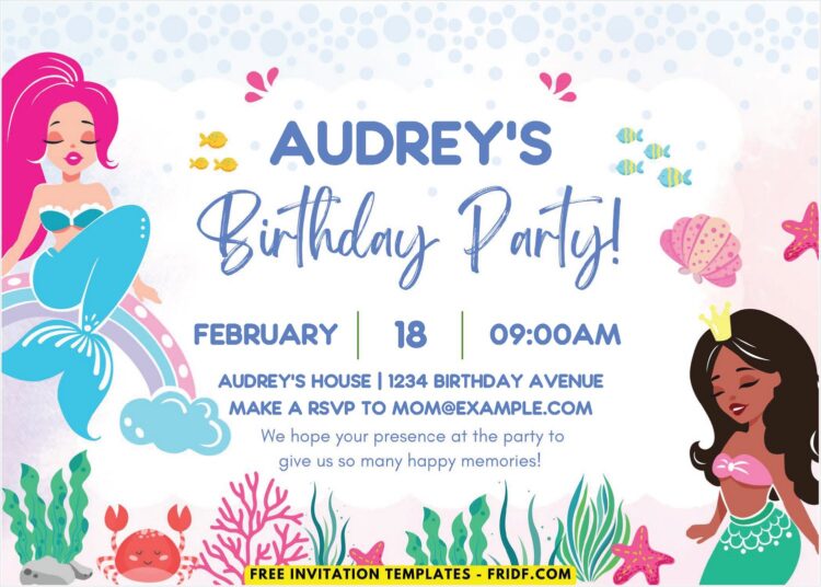(Free PDF Invitation) Beautiful Watercolor Mermaid Birthday Invitation