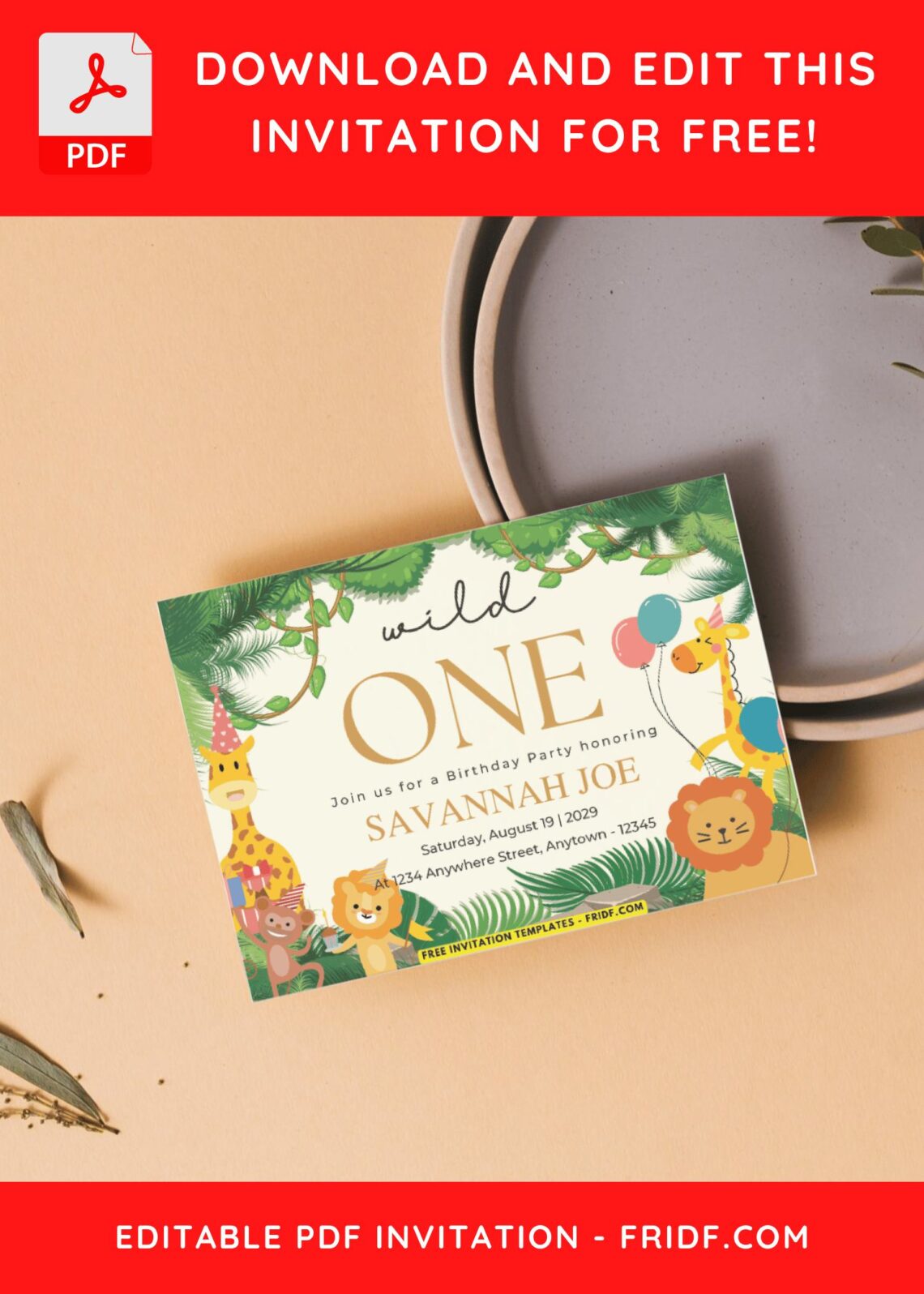 (Free PDF Invitation) Wild Ones Animal Bonanza Birthday Invitation
