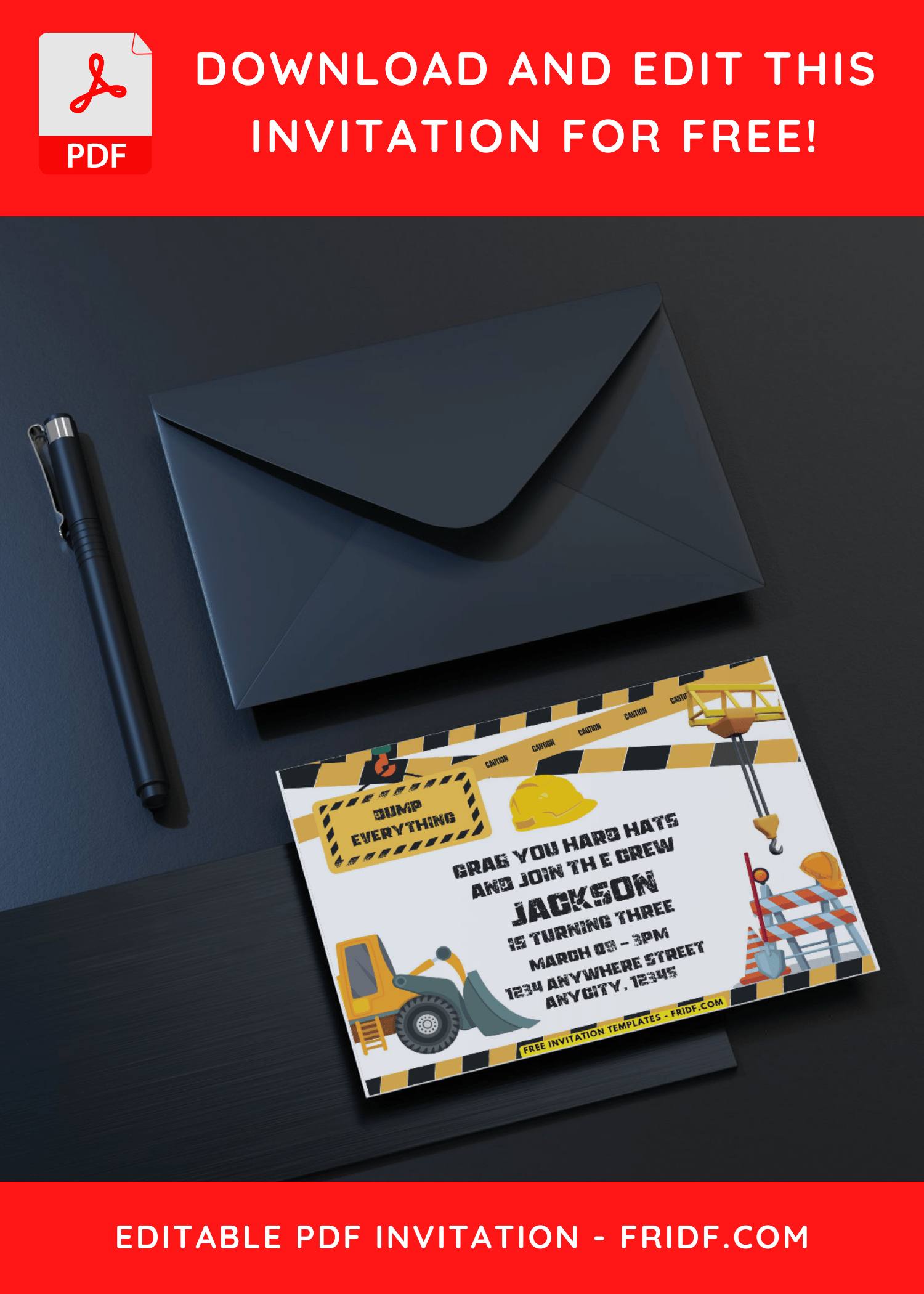 (Free PDF Invitation) Caution! Construction Site Theme Birthday Invitations