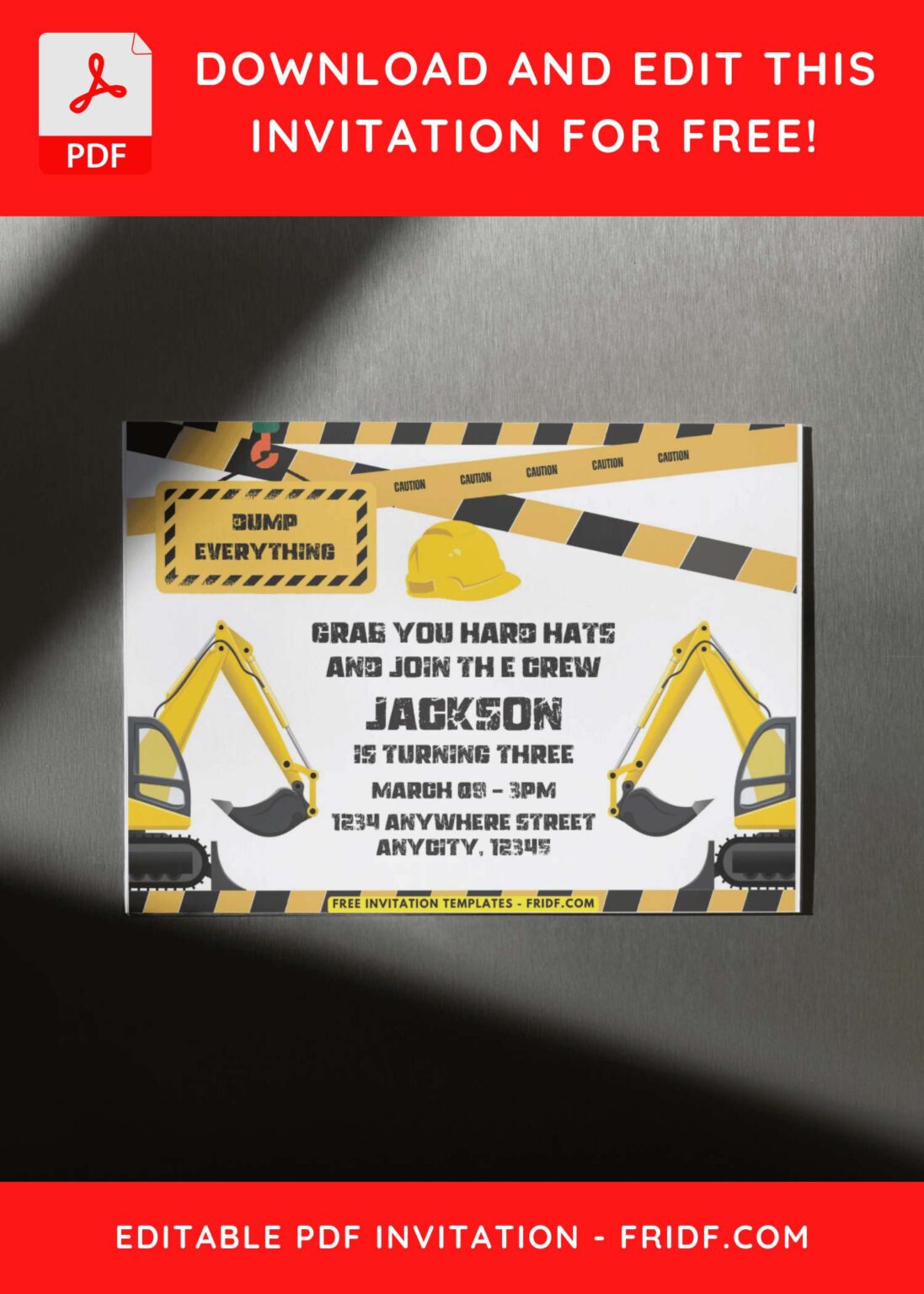(Free PDF Invitation) Caution! Construction Site Theme Birthday Invitations