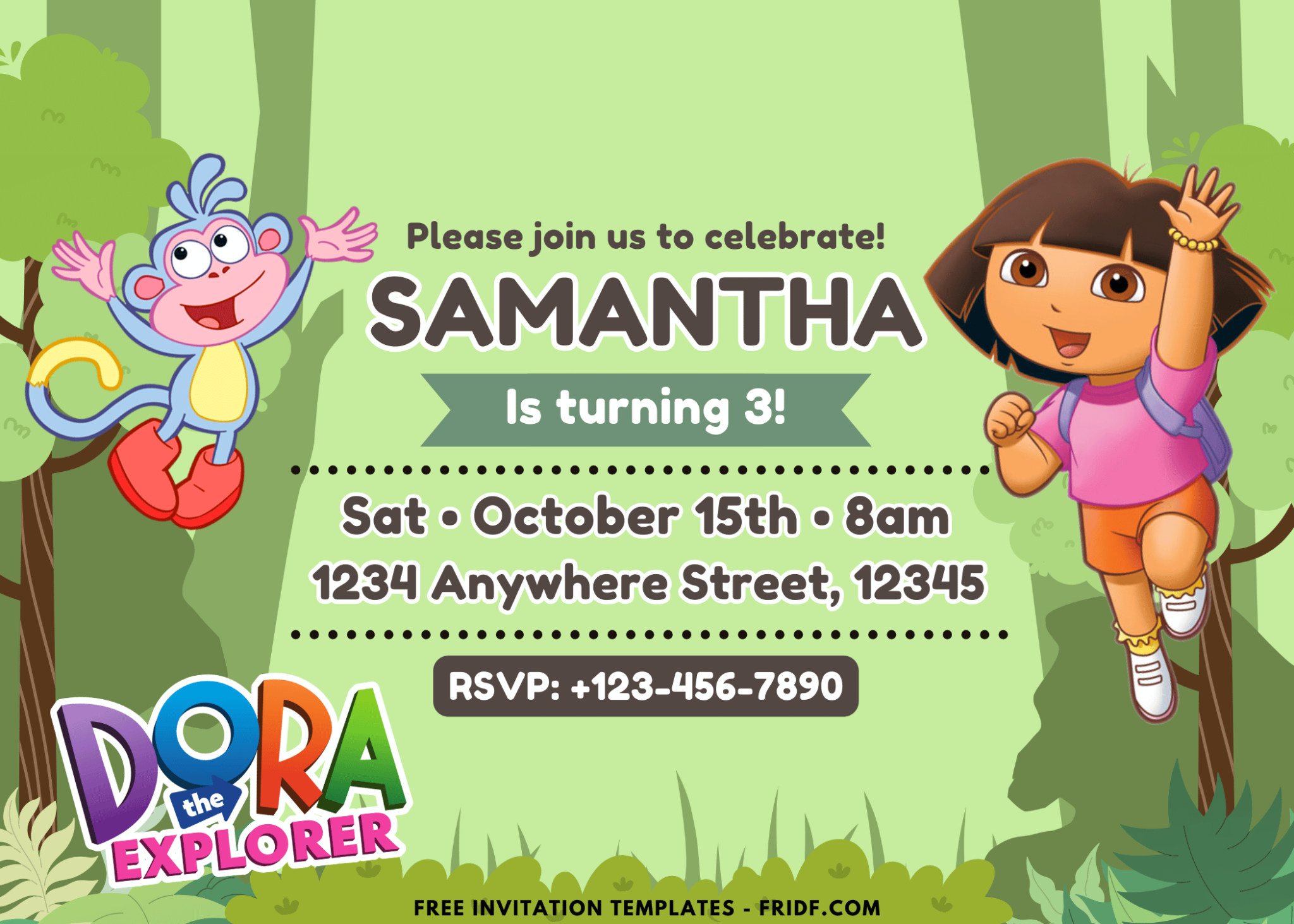 (Free Canva Template) Jungle Theme Dora Explorer Birthday Party Kits ...