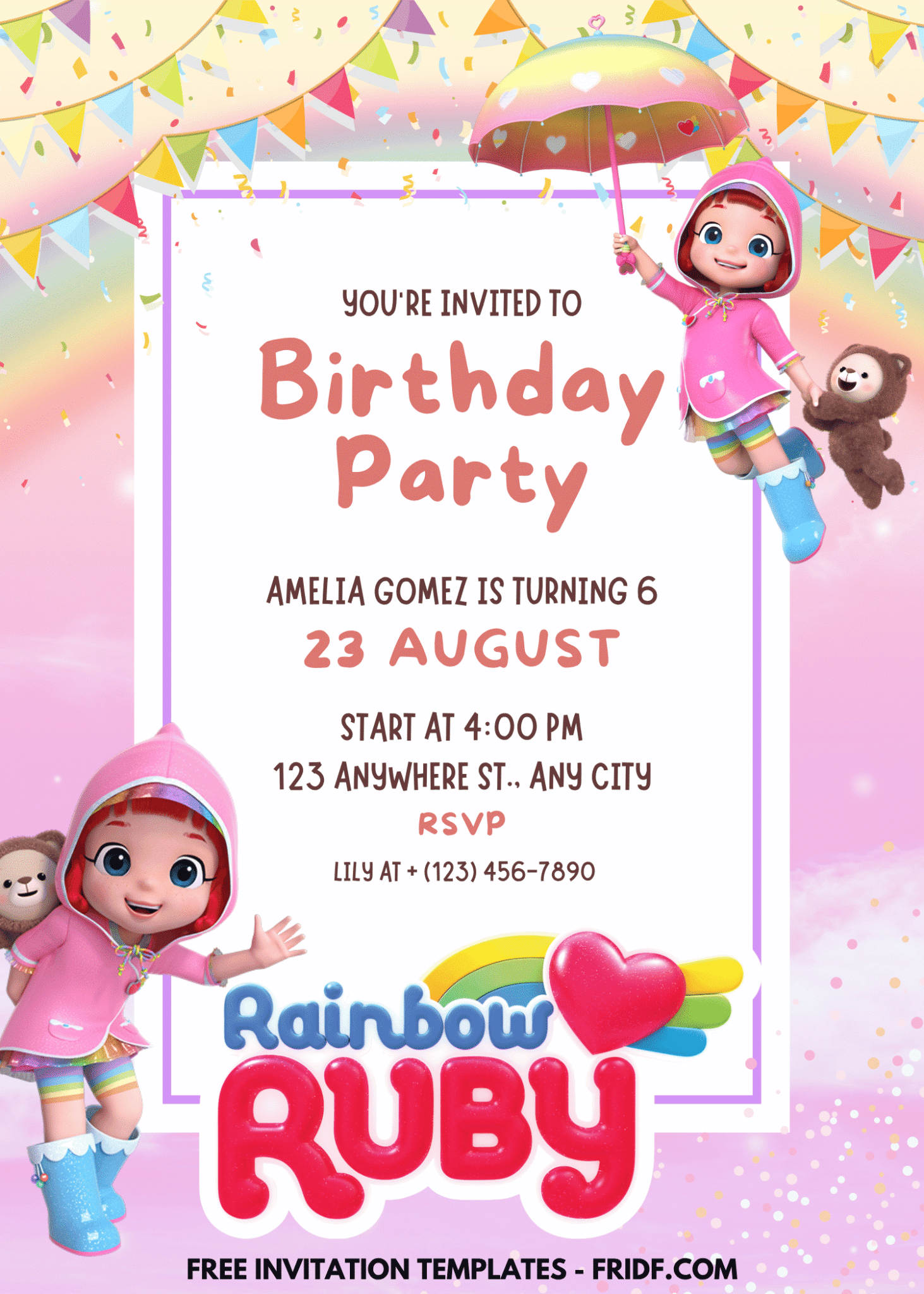 Rainbow Ruby And Choco Birthday Invitation | Editable Canva