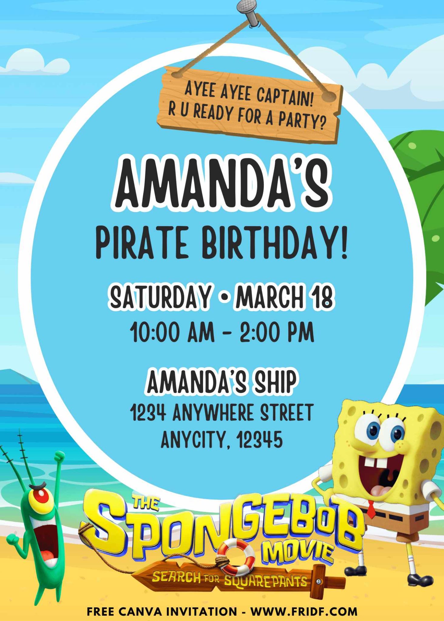 FREE SpongeBob Pirate Bonanza Invitation Template