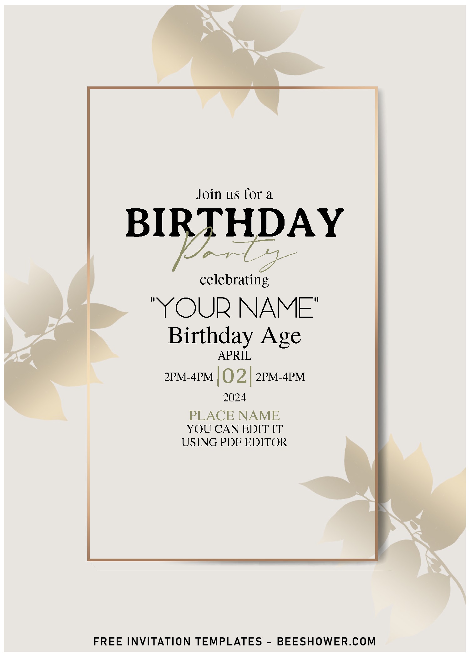 (Free Editable PDF) Elegant Gold Leaves And Frame Birthday Invitation ...