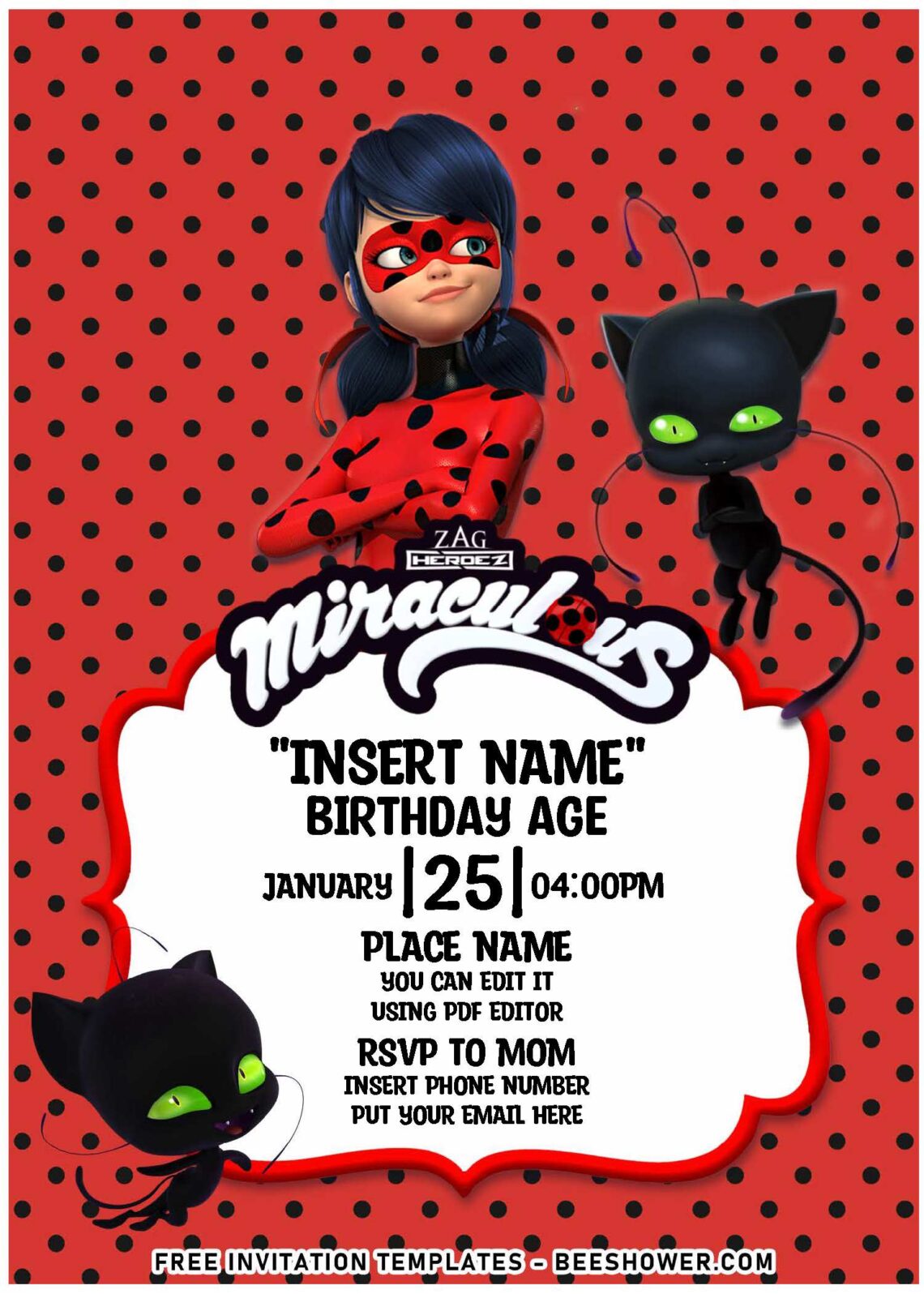 (Free Editable PDF) Badass Ladybug And Cat Noir Birthday Invitation ...