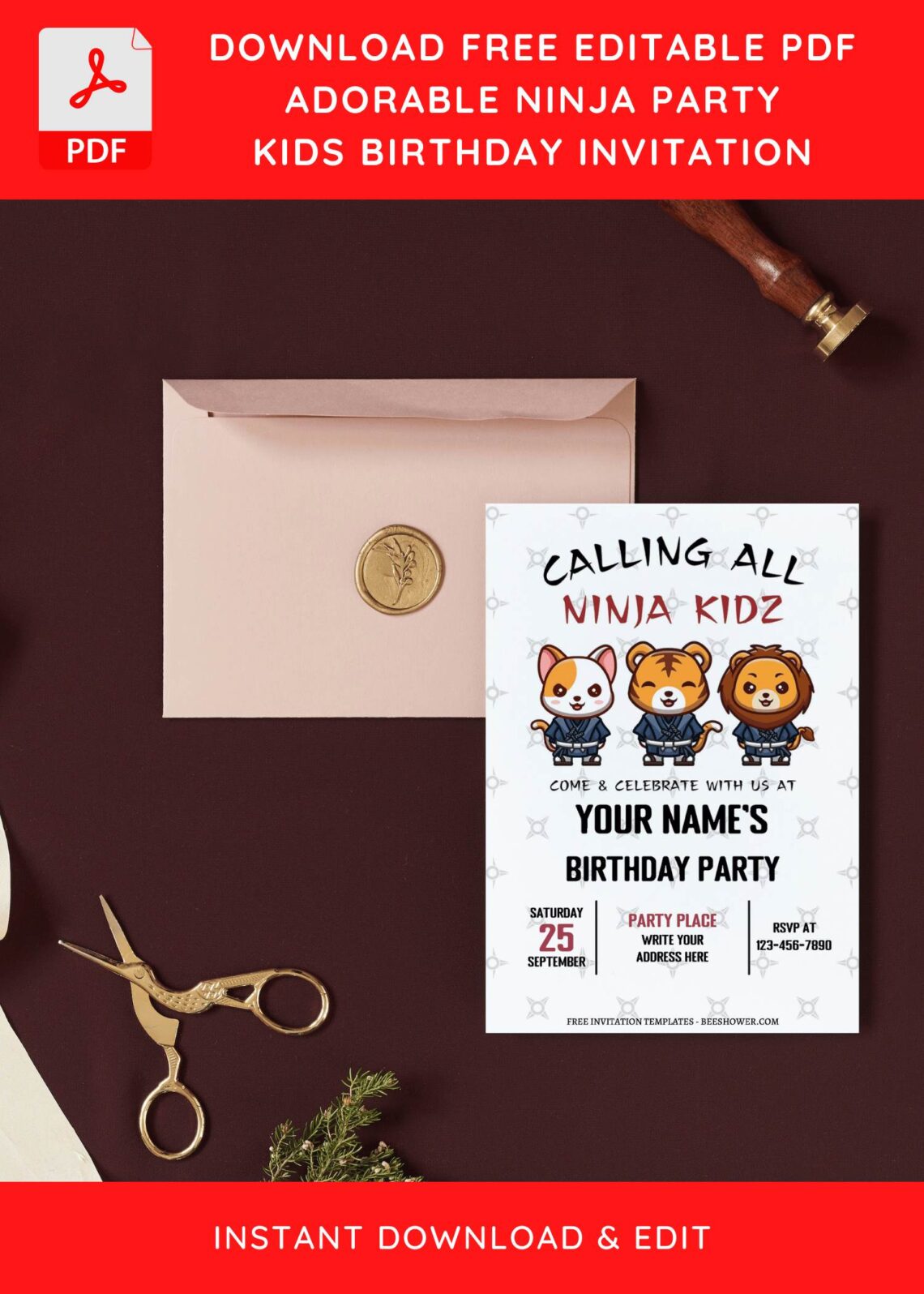 (Free Editable PDF) Cute & Fun Ninja Kidz Birthday Invitation Templates