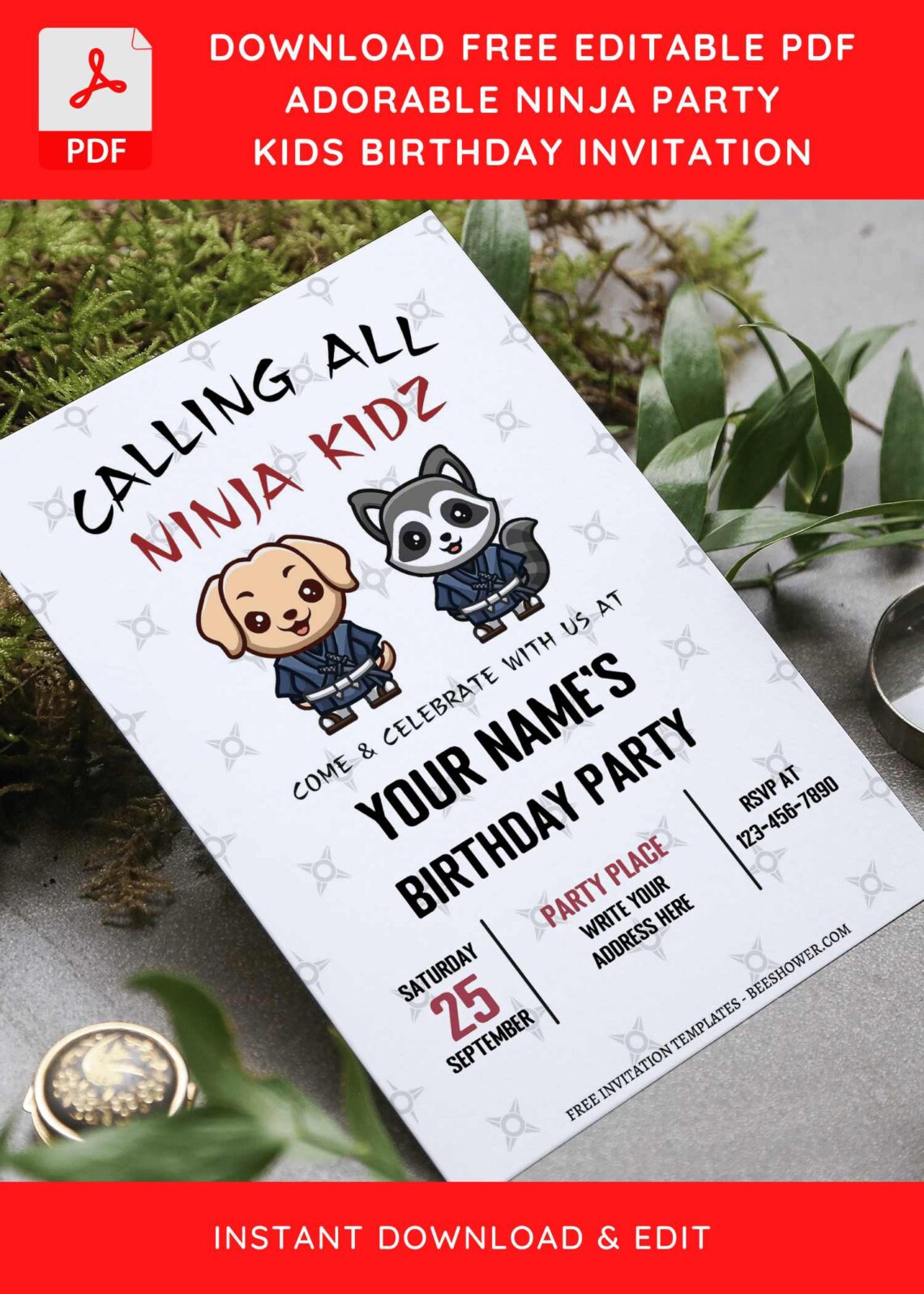 (Free Editable PDF) Cute & Fun Ninja Kidz Birthday Invitation Templates