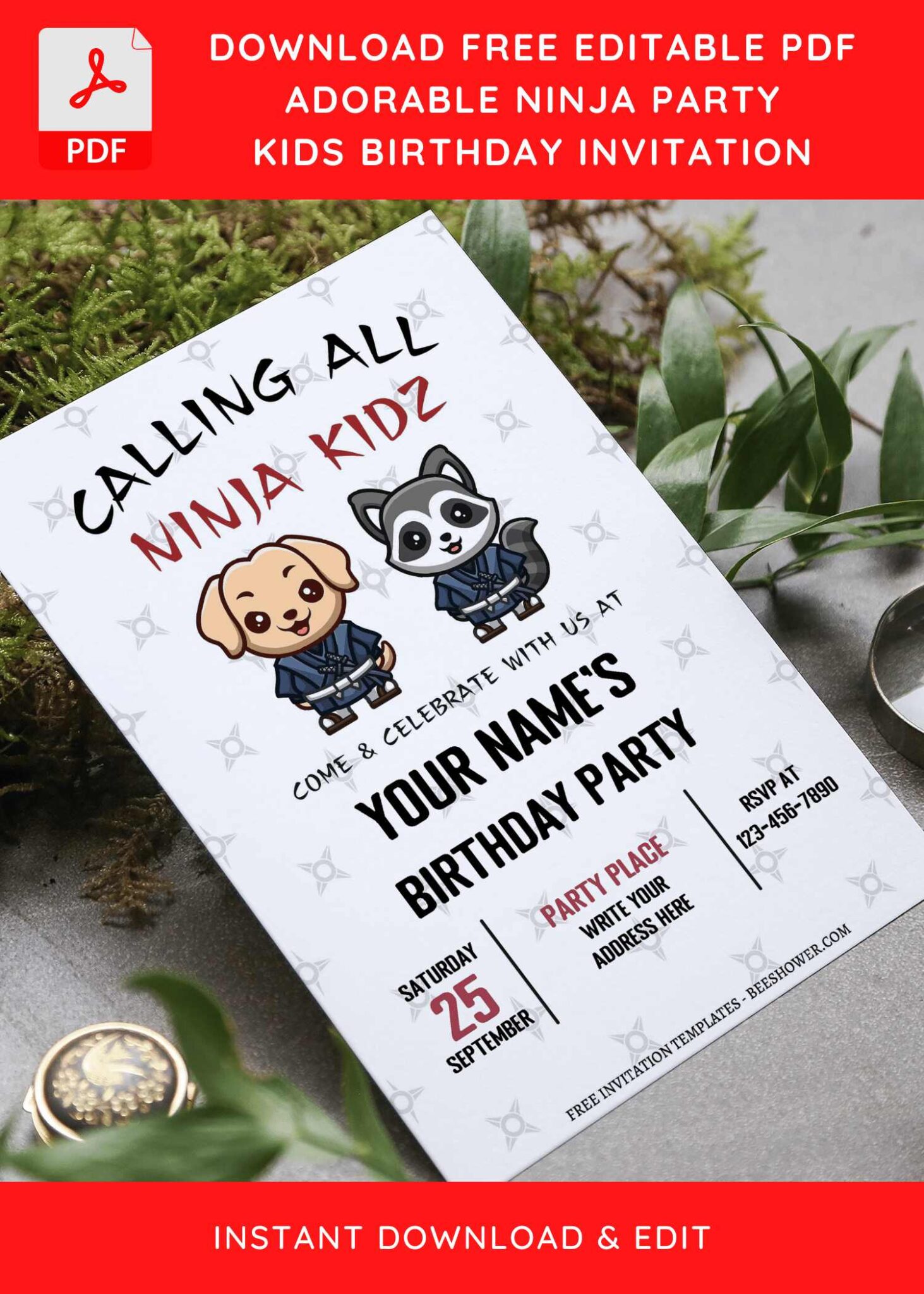 (Free Editable PDF) Cute & Fun Ninja Kidz Birthday Invitation Templates ...