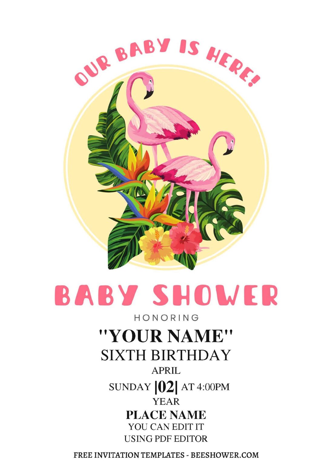 (Free Editable PDF) Tropical Flamingo Baby Shower Invitation Templates ...