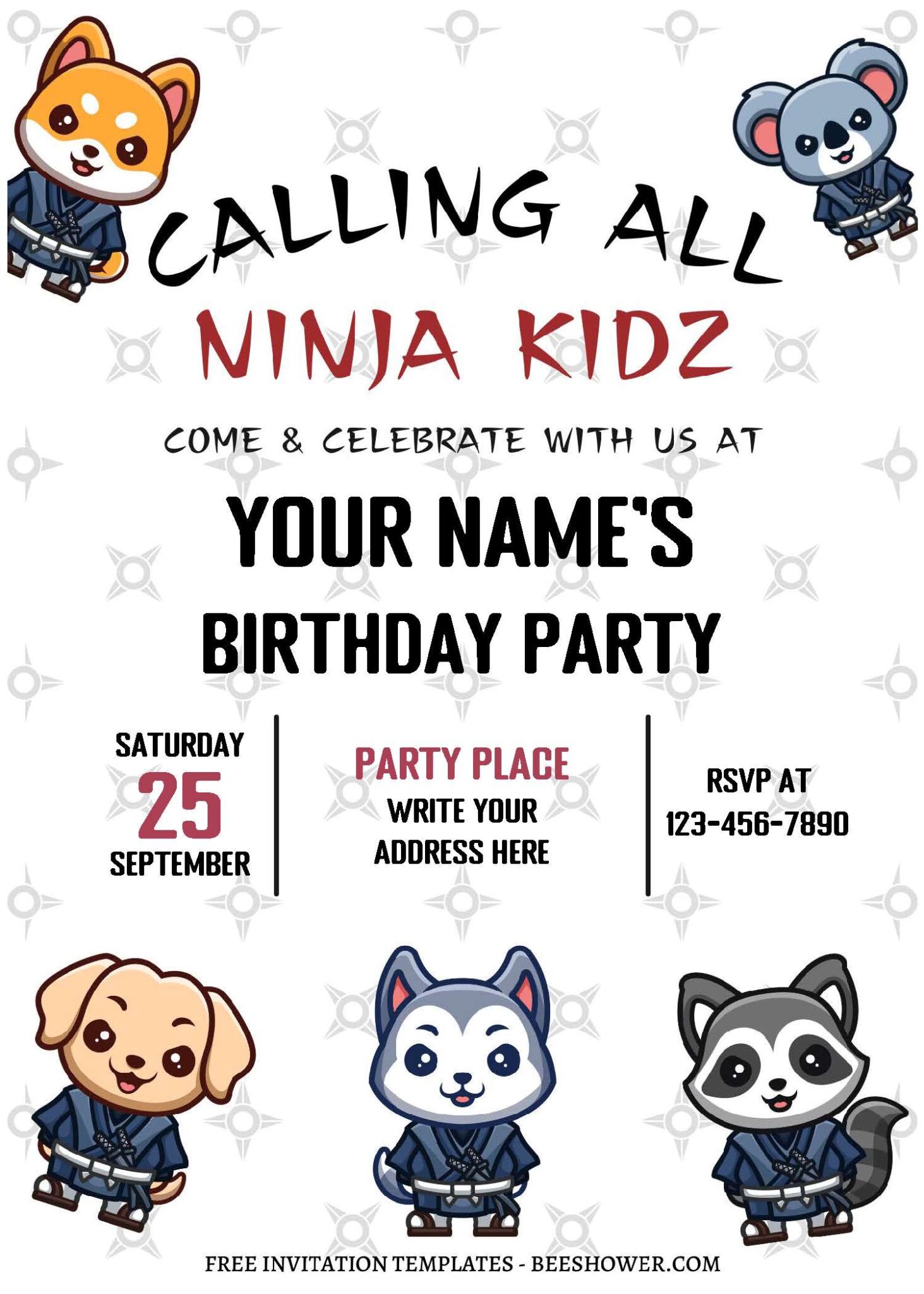 (Free Editable PDF) Cute & Fun Ninja Kidz Birthday Invitation Templates