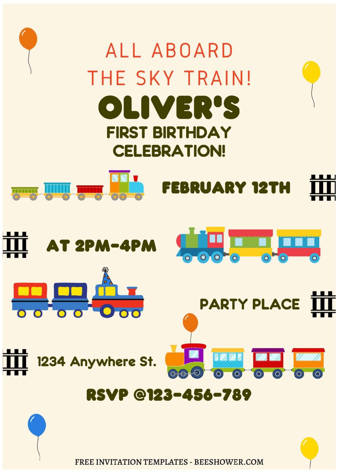 (Free Editable PDF) Joyful Cartoon Train Themed Birthday Invitation ...