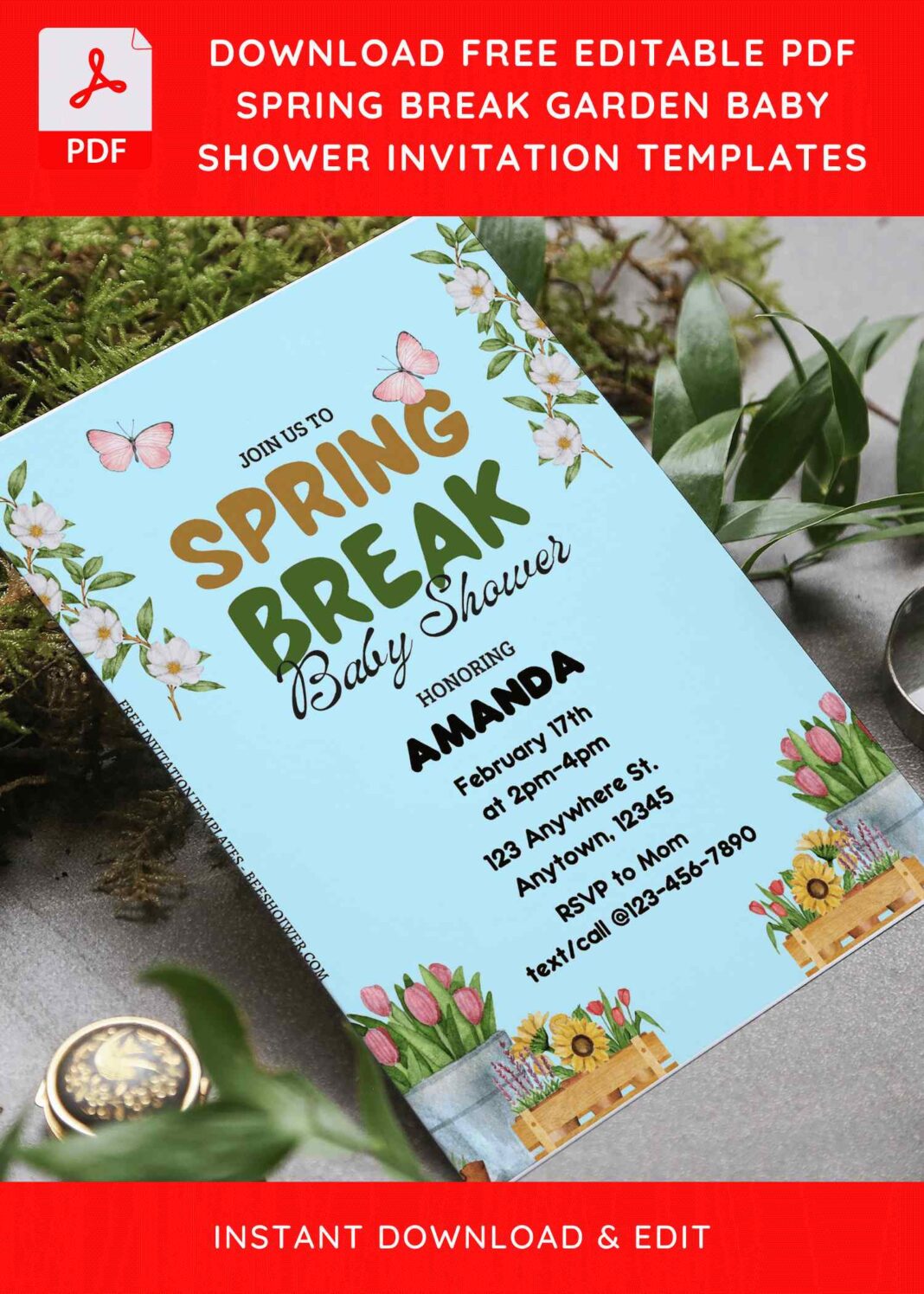 (Free Editable PDF) Spring Break Garden Baby Shower Invitation Templates