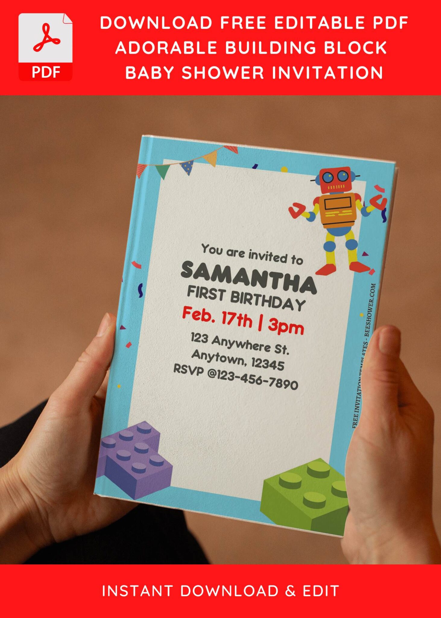 (Free Editable PDF) Unique Building Block Themed Baby Shower Invitation ...