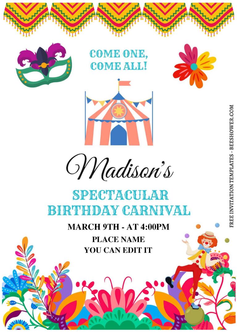 (Free Editable PDF) Adorable Circus Carnival Baby Shower Invitation ...