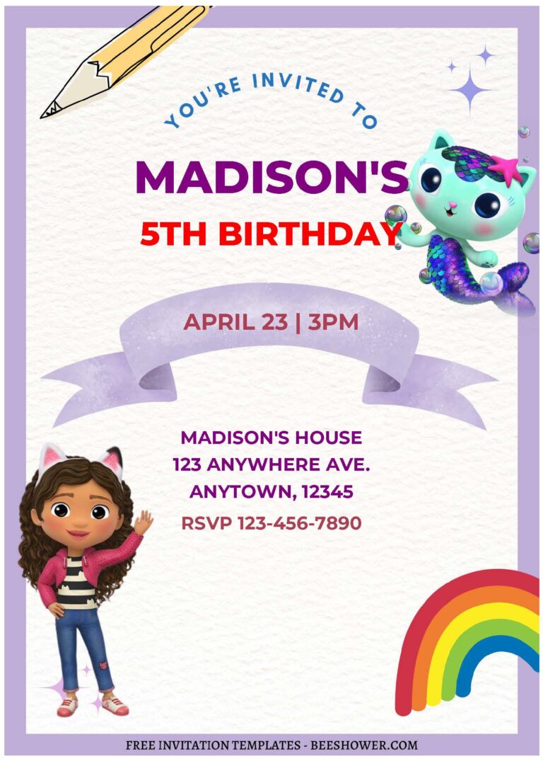 (Free Editable PDF) Gabby's Dollhouse Baby Shower Invitation Templates