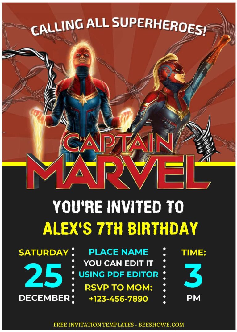 (Free Editable PDF) Captain Marvel Birthday Invitation Templates