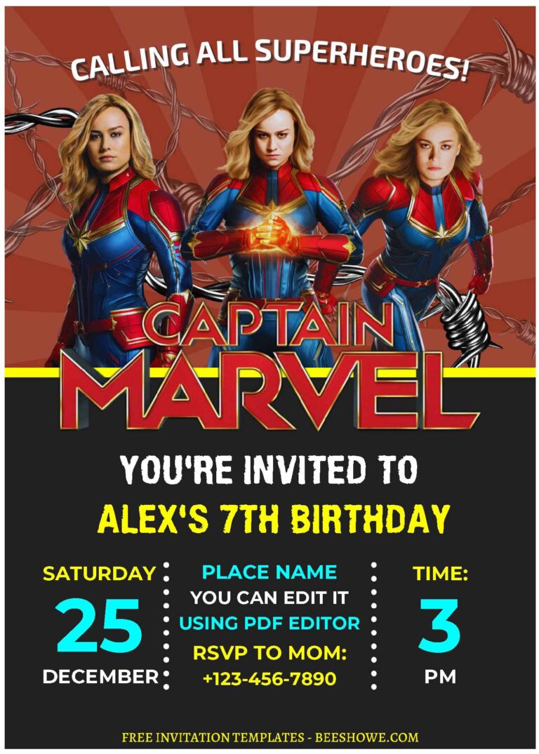(Free Editable PDF) Captain Marvel Birthday Invitation Templates