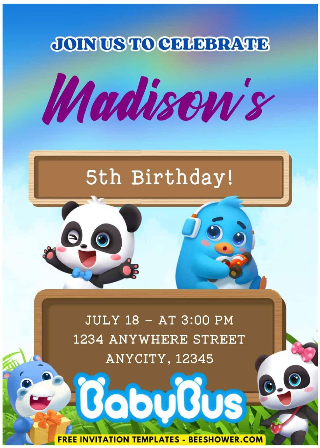 (Easily Edit PDF Invitation) Lovely Cute BabyBus Themed Birthday Invitation