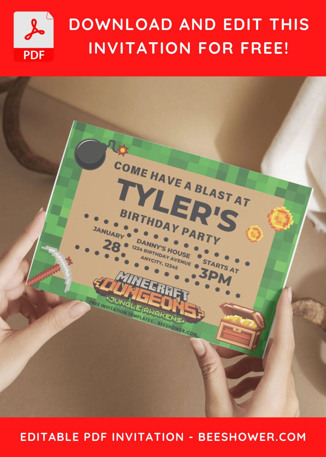 (Free PDF Invitation) Minecraft Sleepover Gamer Birthday Invitation
