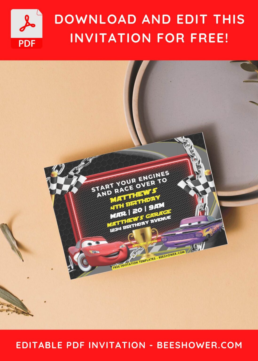 (Free PDF Invitation) Full Throttle Pixar Cars Birthday Invitation ...