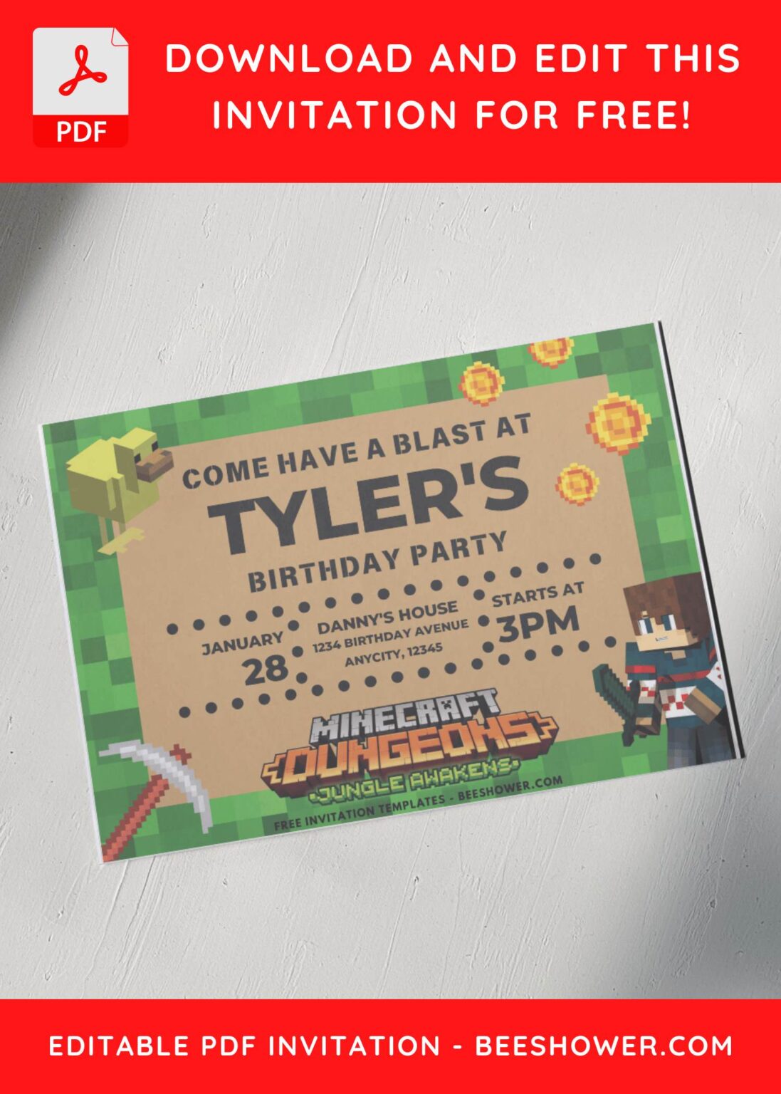 (Free PDF Invitation) Minecraft Sleepover Gamer Birthday Invitation