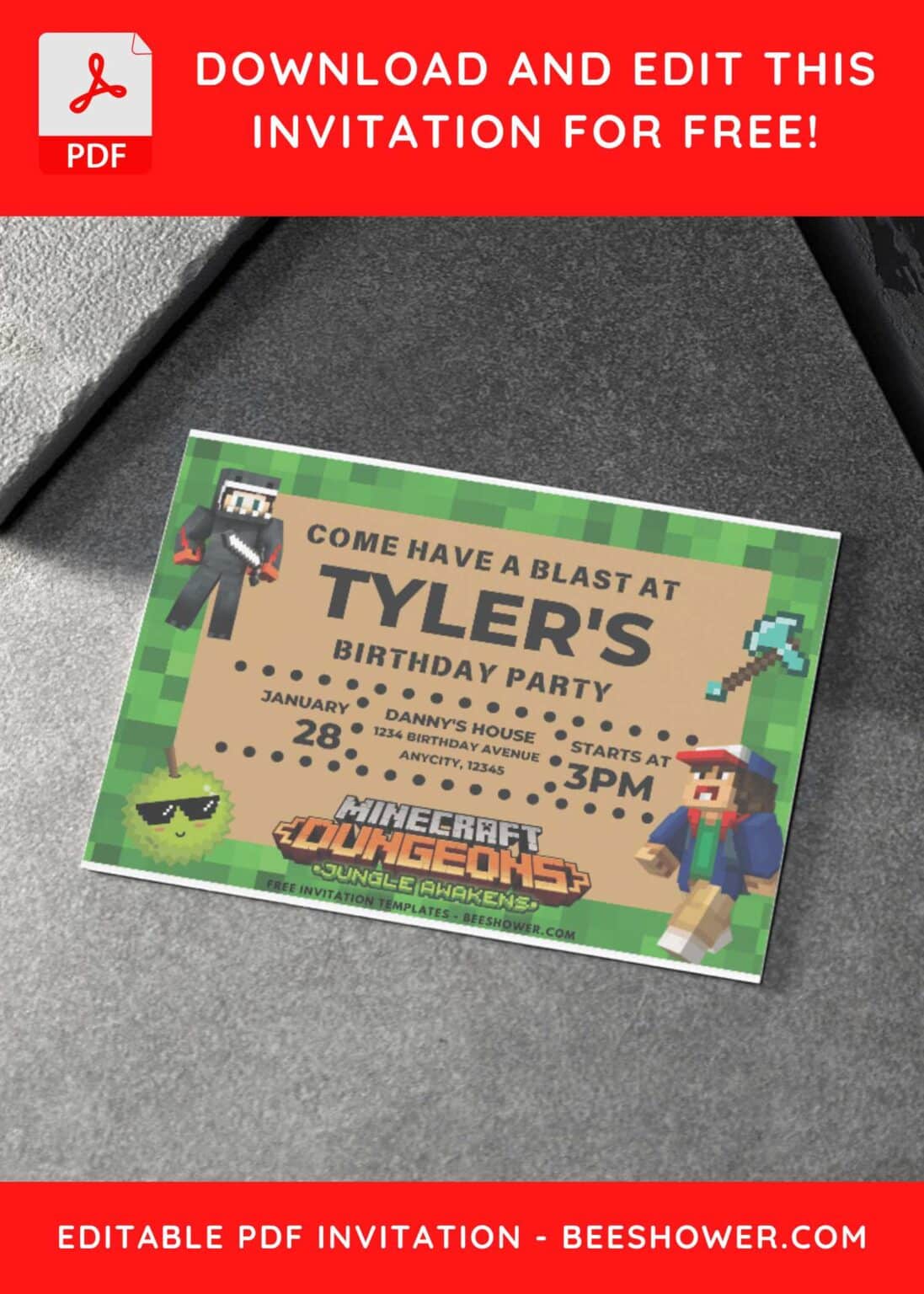 (Free PDF Invitation) Minecraft Sleepover Gamer Birthday Invitation