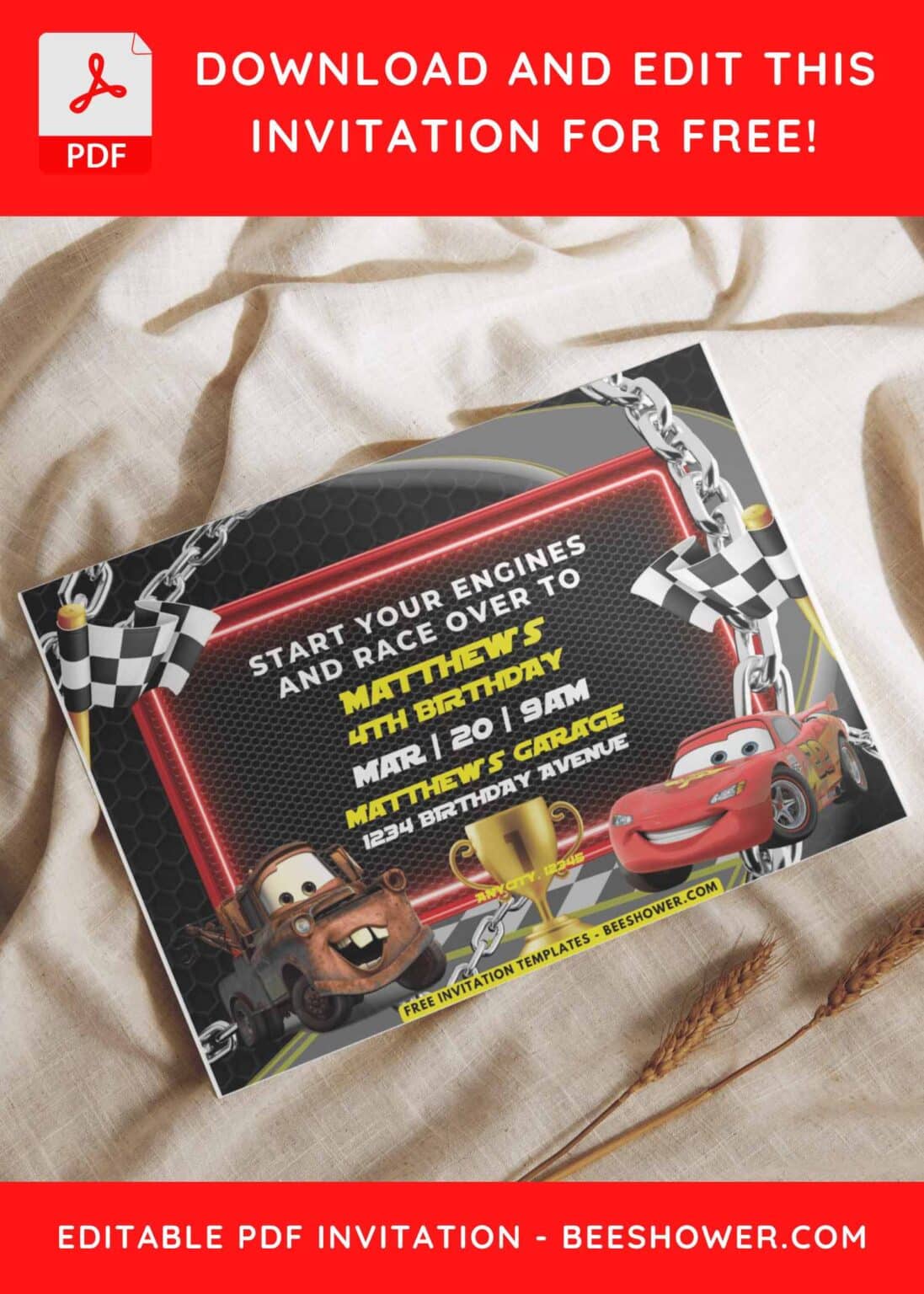 (Free PDF Invitation) Full Throttle Pixar Cars Birthday Invitation ...