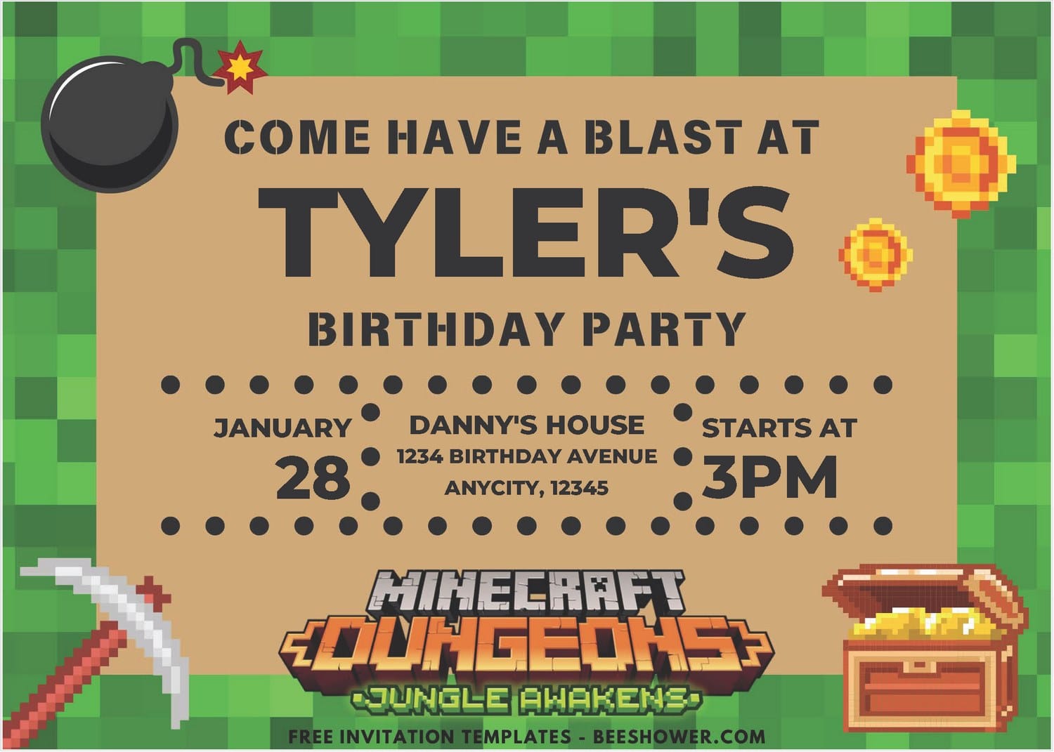 (Free PDF Invitation) Minecraft Sleepover Gamer Birthday Invitation
