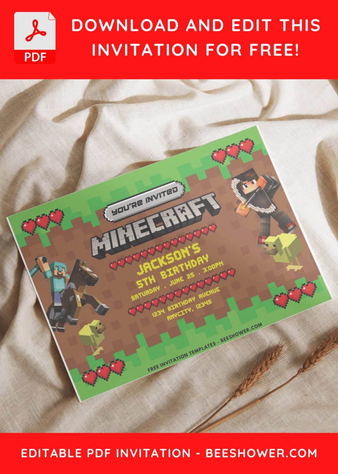 (Free PDF Invitation) Epic Pixel Block Minecraft Birthday Invitation
