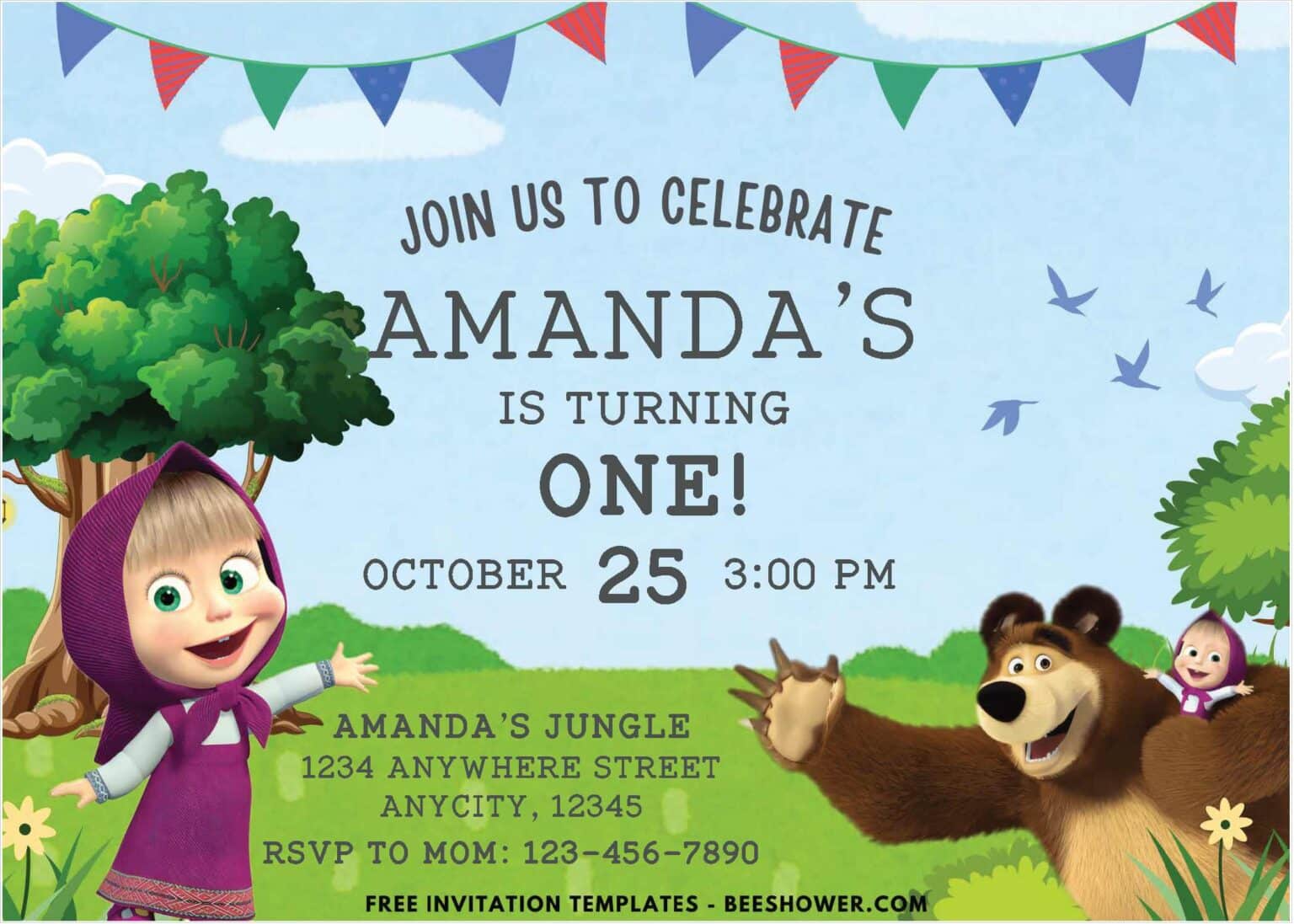 (Free PDF Invitation) Jungle Bash Masha And The Bear Birthday Invitations