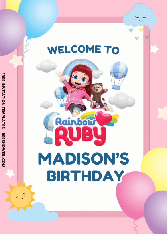 Whimsical Rainbow Ruby Birthday Invitation | Editable Canva Template