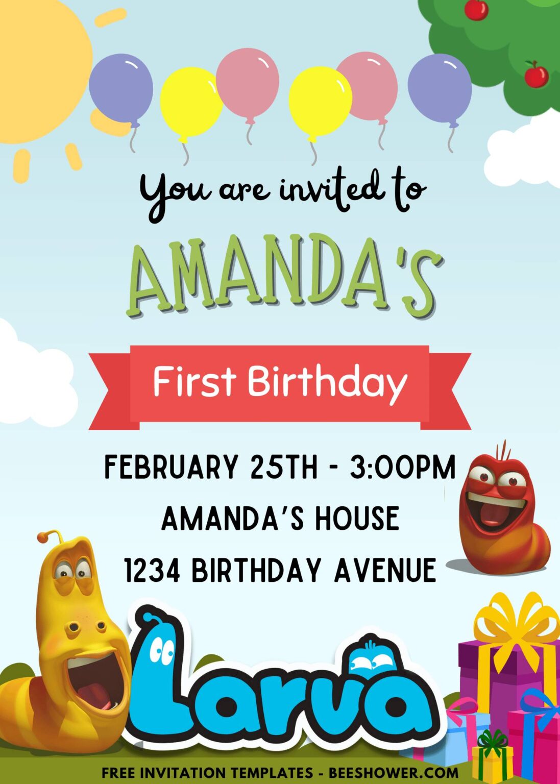 Larva Cartoon Birthday Invitation | Editable Canva Template